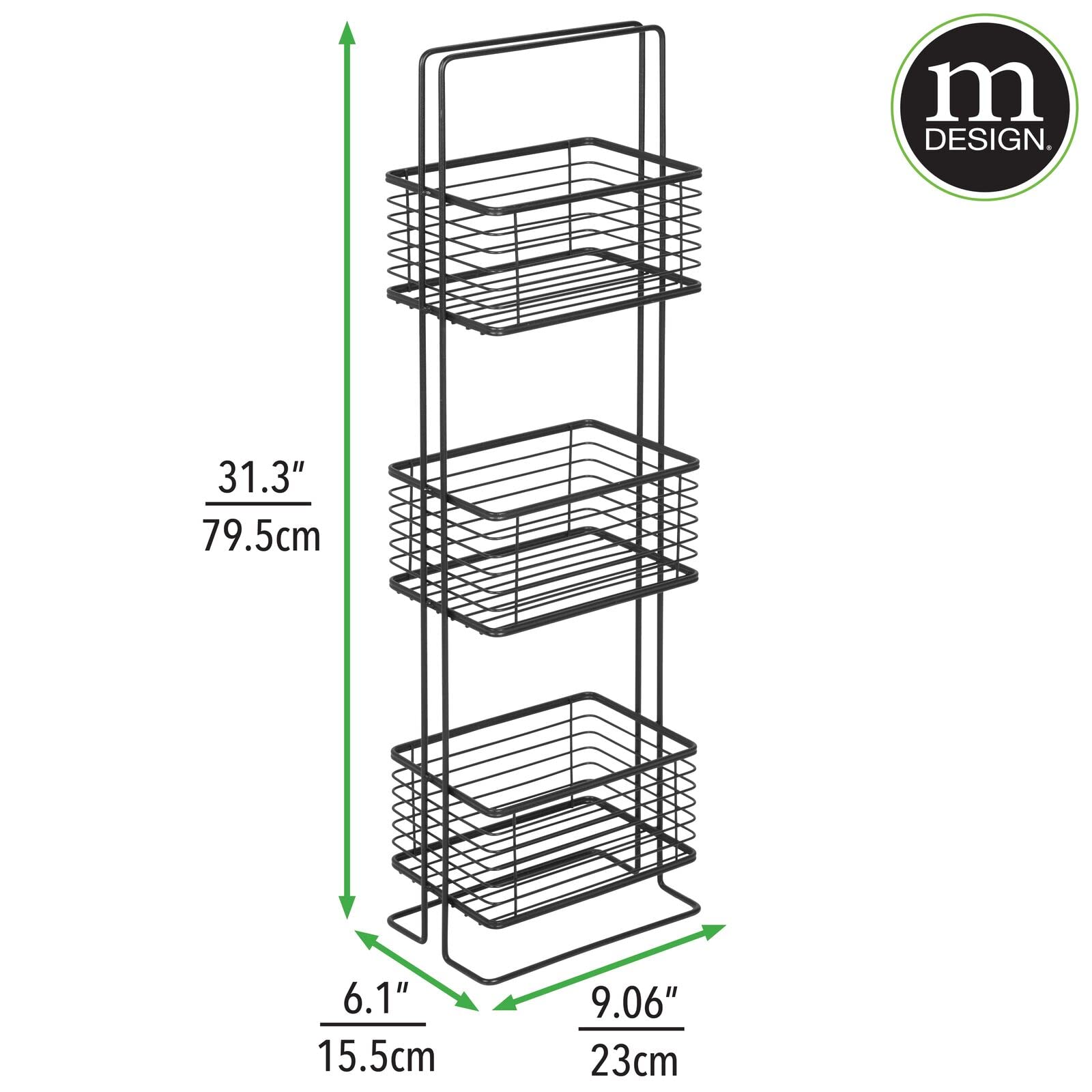 mDesign Slim Metal Wire 3 Tier Free-Standing Bathroom Shelving Unit, Small Narrow Storage Organizer Tower Rack with 3 Basket Bins - Holds Tissues, Hand Soap, Toiletries - Matte Black