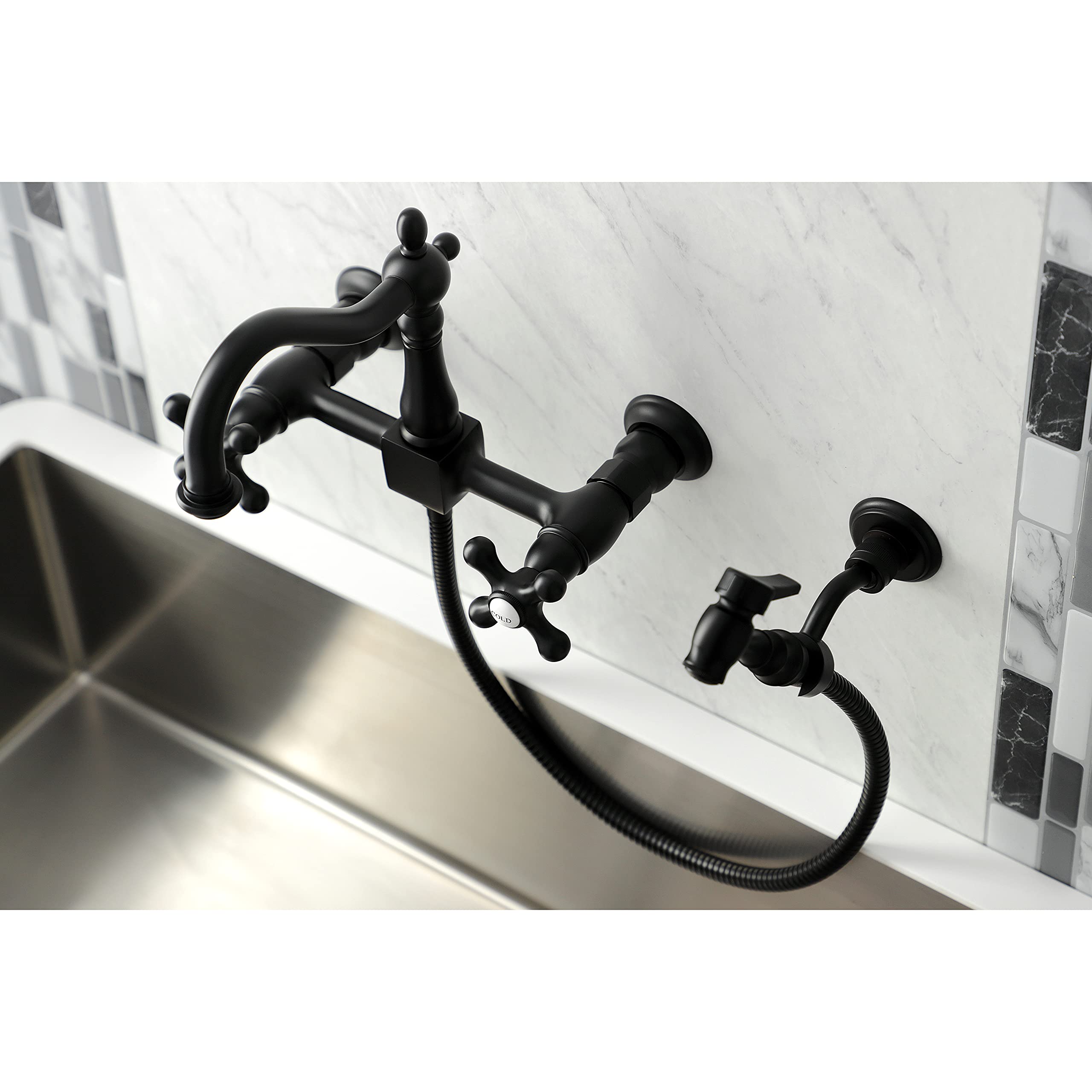 Kingston Brass KS1260AXBS Heritage Bridge Kitchen Faucet, Matte Black