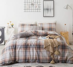 susybao brown plaid duvet cover king 100% cotton tan tartan duvet cover 3 pieces set 1 rustic khaki striped duvet cover with zipper ties 2 pillowcases luxury soft farmhouse gingham bedding set