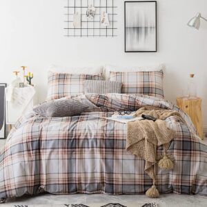 SUSYBAO Brown Plaid Duvet Cover King 100% Cotton Tan Tartan Duvet Cover 3 Pieces Set 1 Rustic Khaki Striped Duvet Cover with Zipper Ties 2 Pillowcases Luxury Soft Farmhouse Gingham Bedding Set