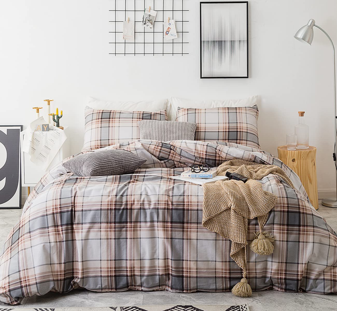 SUSYBAO Brown Plaid Duvet Cover King 100% Cotton Tan Tartan Duvet Cover 3 Pieces Set 1 Rustic Khaki Striped Duvet Cover with Zipper Ties 2 Pillowcases Luxury Soft Farmhouse Gingham Bedding Set