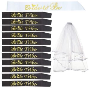 bride tribe bridesmaids sashes sets bachelorette party decorations supplies bridal shower favors gift (black, 12 sash with 1 veil)