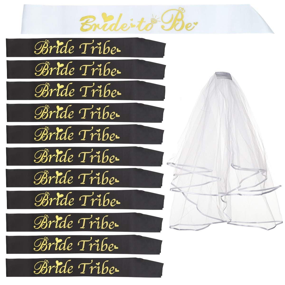 Bride Tribe Bridesmaids Sashes Sets Bachelorette Party Decorations Supplies Bridal Shower Favors Gift (Black, 12 Sash with 1 Veil)