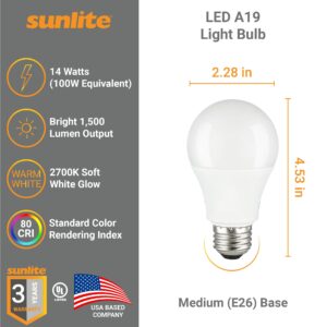 Sunlite LED A19 Light Bulbs, 15 Watts (100W Equivalent), 120V, 1500 Lumens, Standard E26 Base, Non-Dimmable, 220 Degree Beam Angle, ETL Listed, 4000K Cool White, 3 Pack