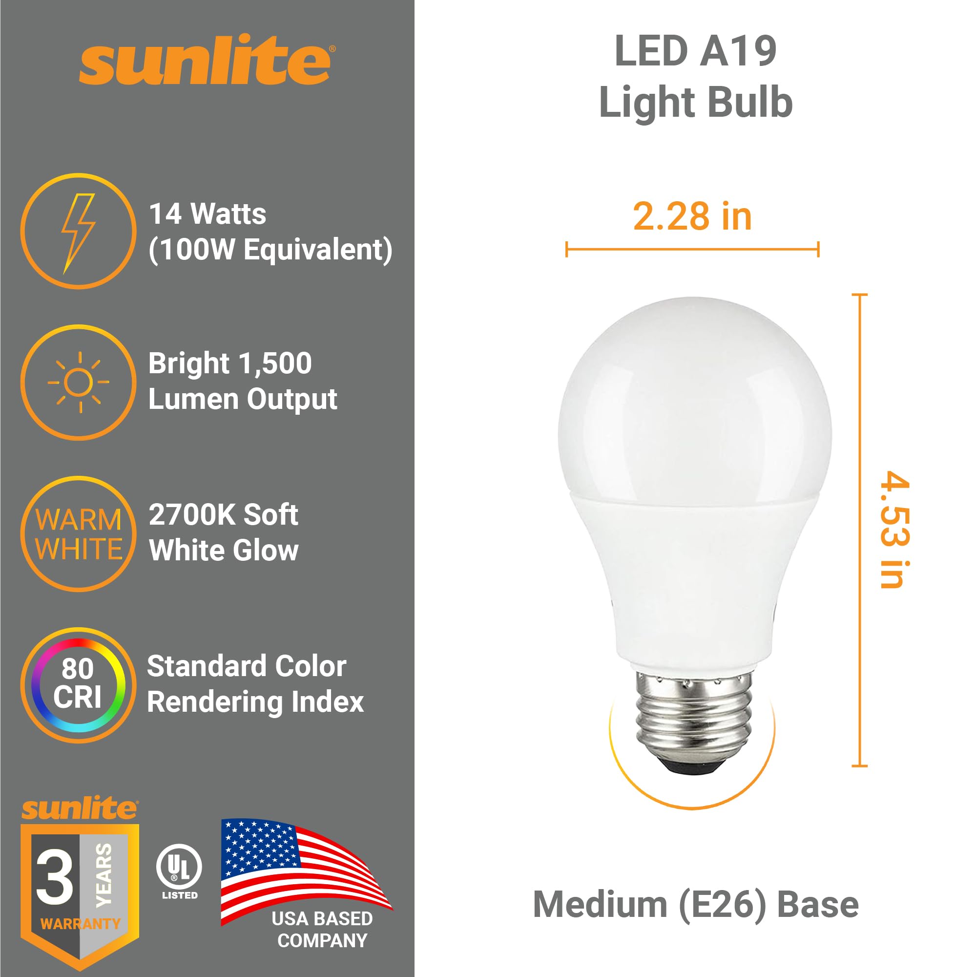 Sunlite LED A19 Light Bulbs, 15 Watts (100W Equivalent), 120V, 1500 Lumens, Standard E26 Base, Non-Dimmable, 220 Degree Beam Angle, ETL Listed, 4000K Cool White, 3 Pack