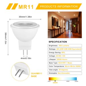 YUIIP 5W MR11 GU4 LED Light Bulbs 12V 20W 35W 40W Halogen Bulb Replacement Soft Warm White 3000K Recessed Spotlight Lamp for Landscape Track Lighting, Not Dimmable, 38°, 400LM, Pack of 6