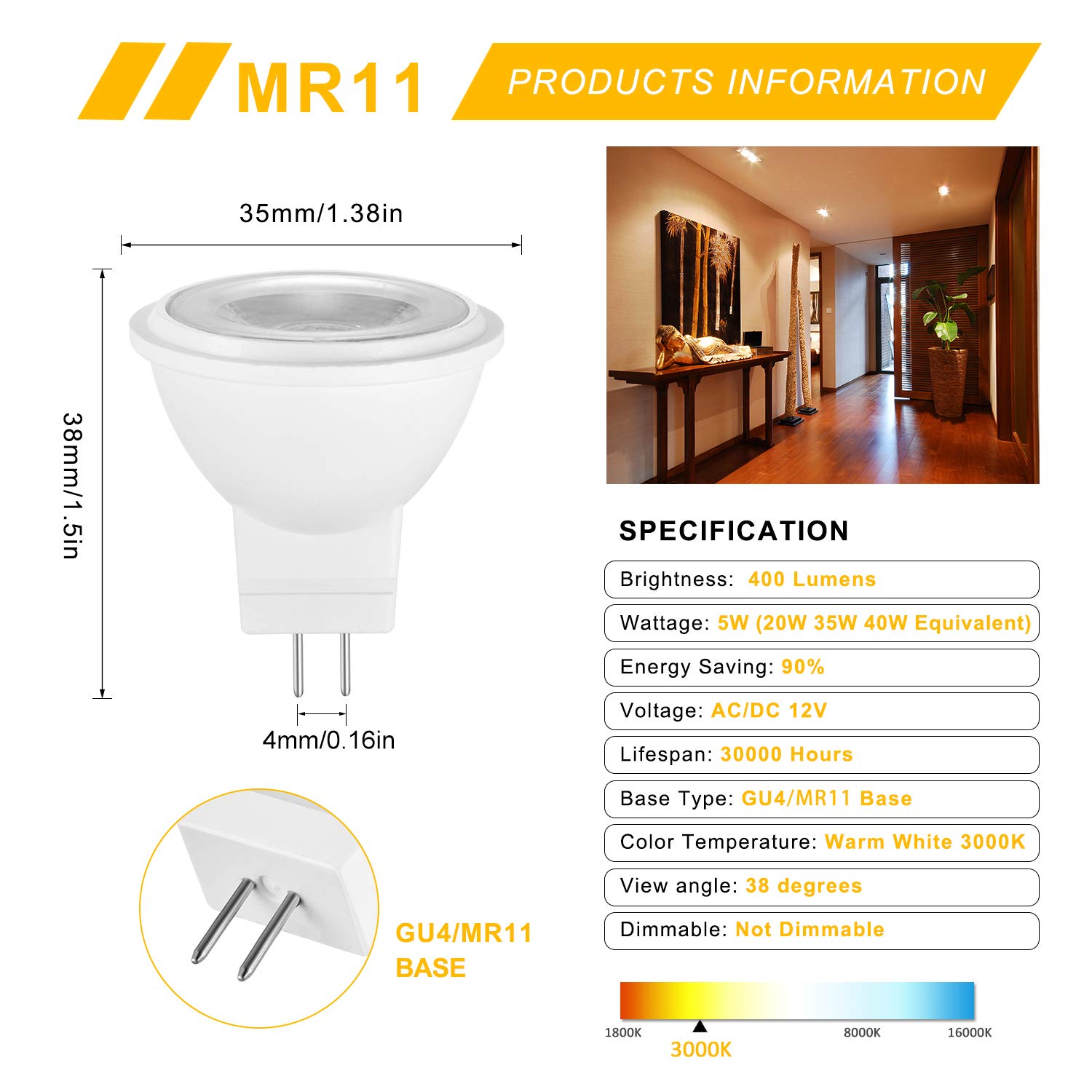 YUIIP 5W MR11 GU4 LED Light Bulbs 12V 20W 35W 40W Halogen Bulb Replacement Soft Warm White 3000K Recessed Spotlight Lamp for Landscape Track Lighting, Not Dimmable, 38°, 400LM, Pack of 6