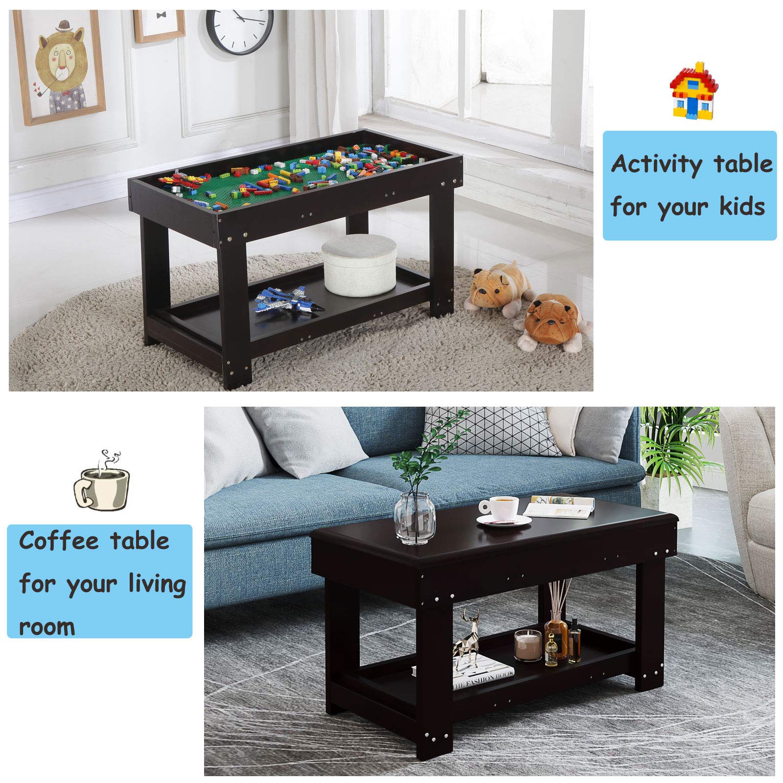 YouHi Kids Activity Table with Board for Bricks Activity Play Table (Dark Brown)