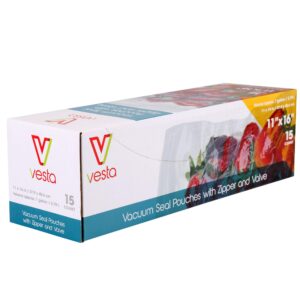 vesta precision vacuum seal pouches - clear and embossed vacuum sealer bags with zipper and valve - great for food storage and sous vide - 11 x 16 inches - 15 vacuum seal bags per box