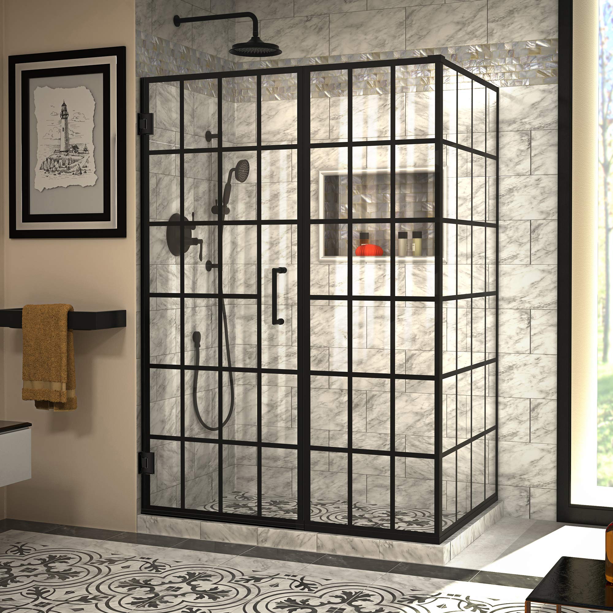 DreamLine Unidoor Toulon 34 in. D x 52 in. W x 72 in. H Frameless Hinged Shower Enclosure in Satin Black, SHEN-2434520-89