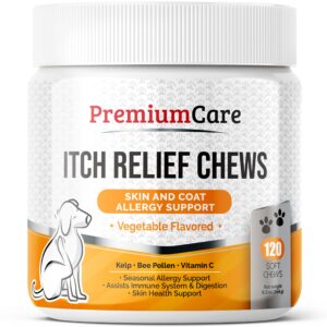 premium care itch relief for dogs - 120 allergy chews for dogs - anti itch seasonal support for pets itchy skin relief skin health support with colostrum, vitamin c, omega and bee pollen