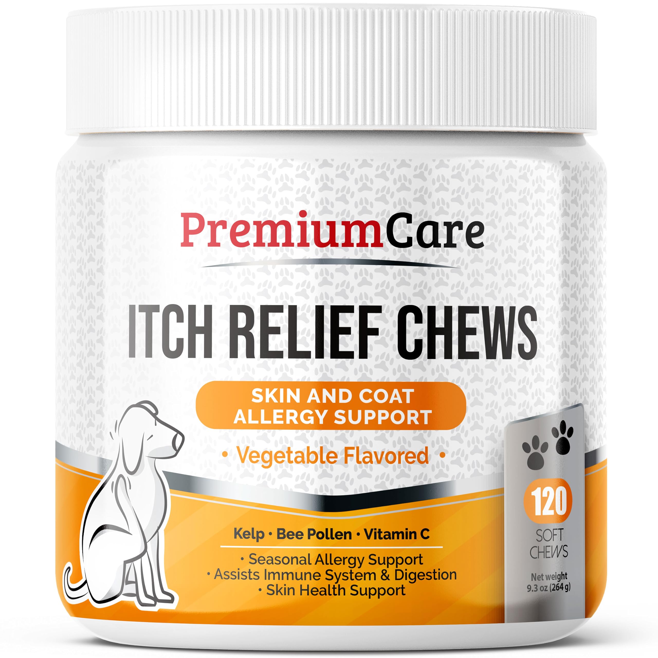 PREMIUM CARE Itch Relief for Dogs - 120 Allergy Chews for Dogs - Anti Itch Seasonal Support for Pets Itchy Skin Relief Skin Health Support with Colostrum, Vitamin C, Omega and Bee Pollen