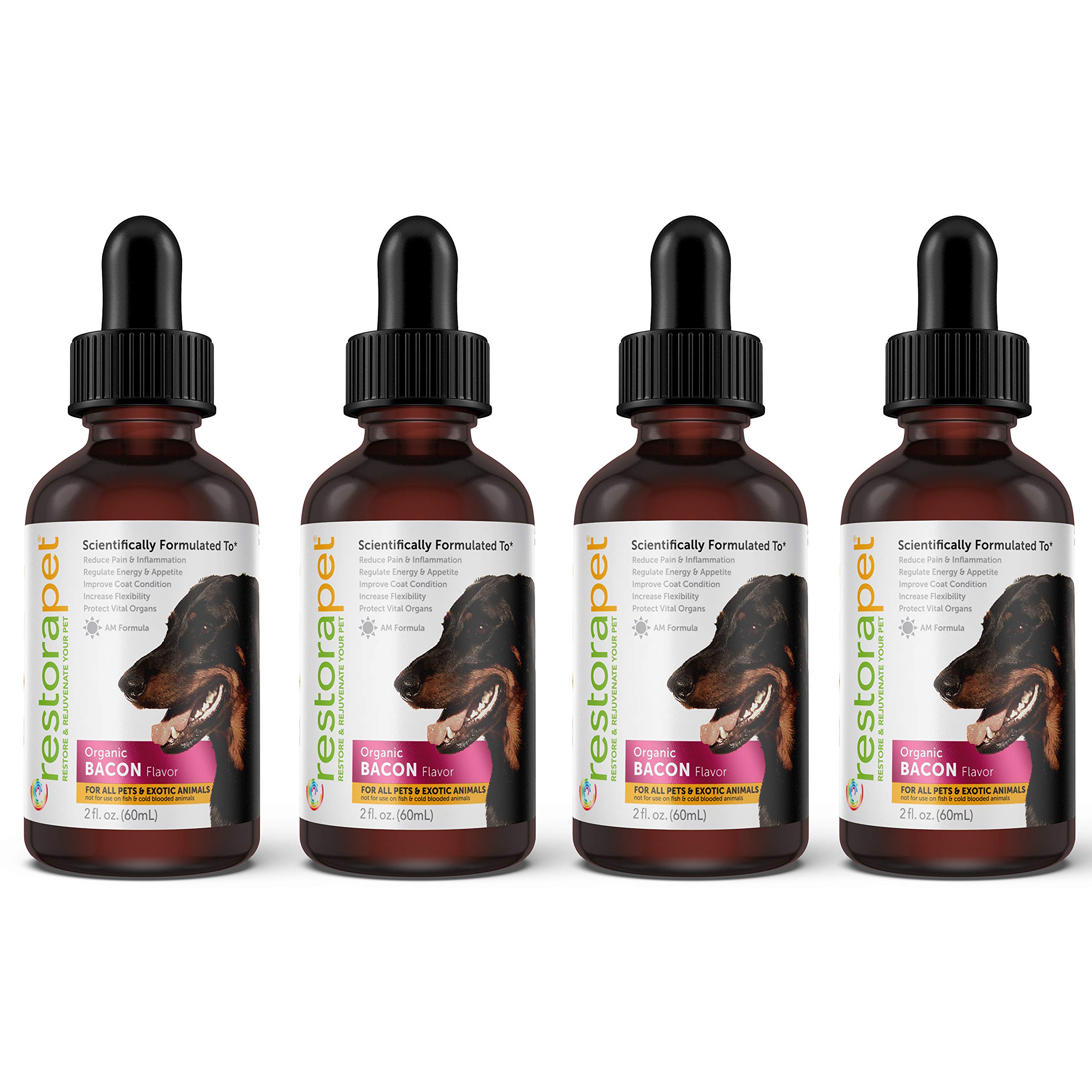 RestoraPet 4-Pack Dog & Cat Bacon Liquid Multivitamin | Dog Arthritis Pain Relief | Hip & Joint Vitamins for Dogs - Anti Inflammatory Supplement for Dogs & Cats | Organic & Non-GMO, Vet Approved