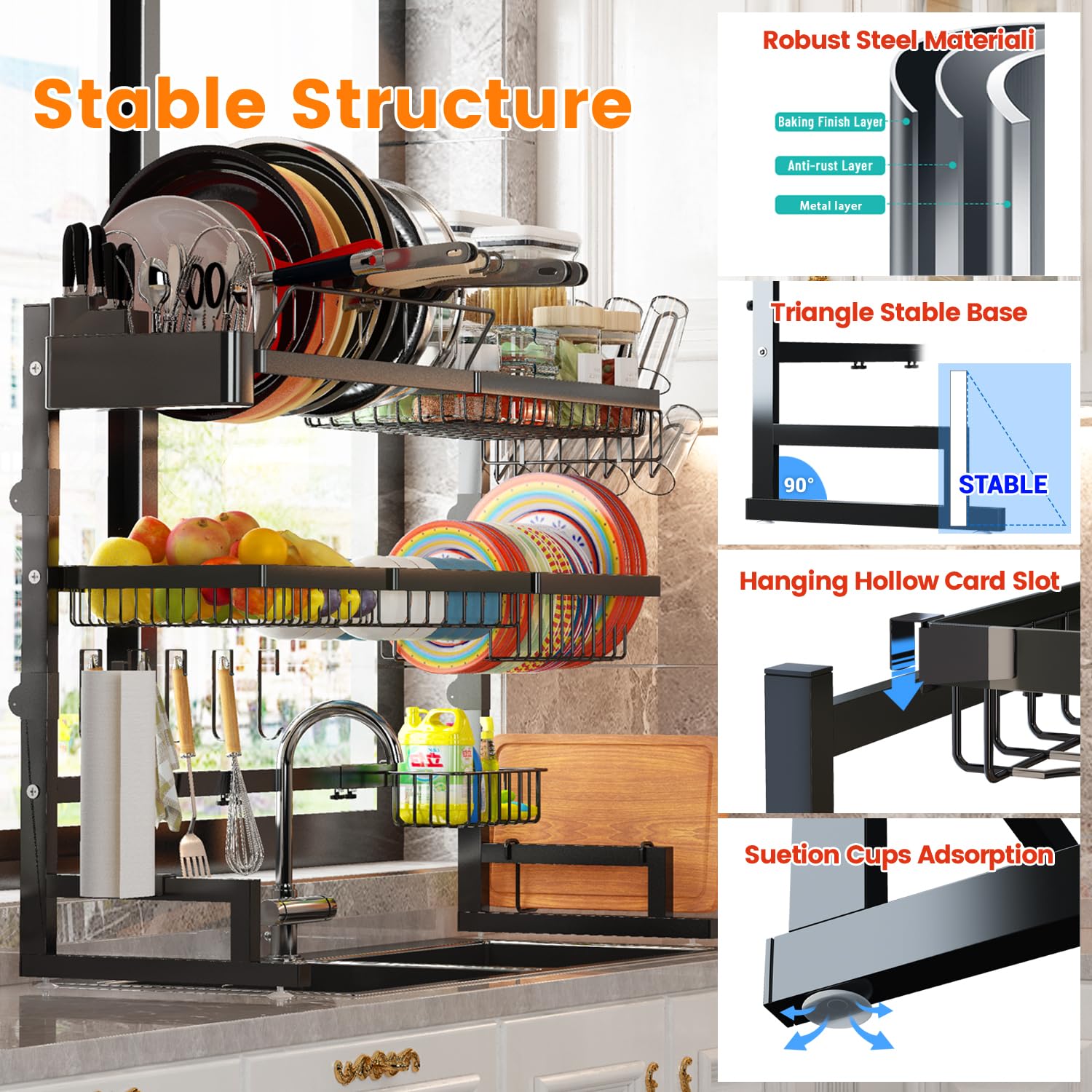 ADBIU Over Sink Dish Drying Rack (Expandable Height/Length) Snap-On Design Large Dish Drainer Storage Counter Organizer 31-39.5L x 12W x 34-38H (inches)