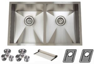 kabco 32 inch 16 gauge extra thick undermount zero radius double bowl handmade kitchen sink with stainless steel sink strainers bottom sink grids and a rolling grid combo package