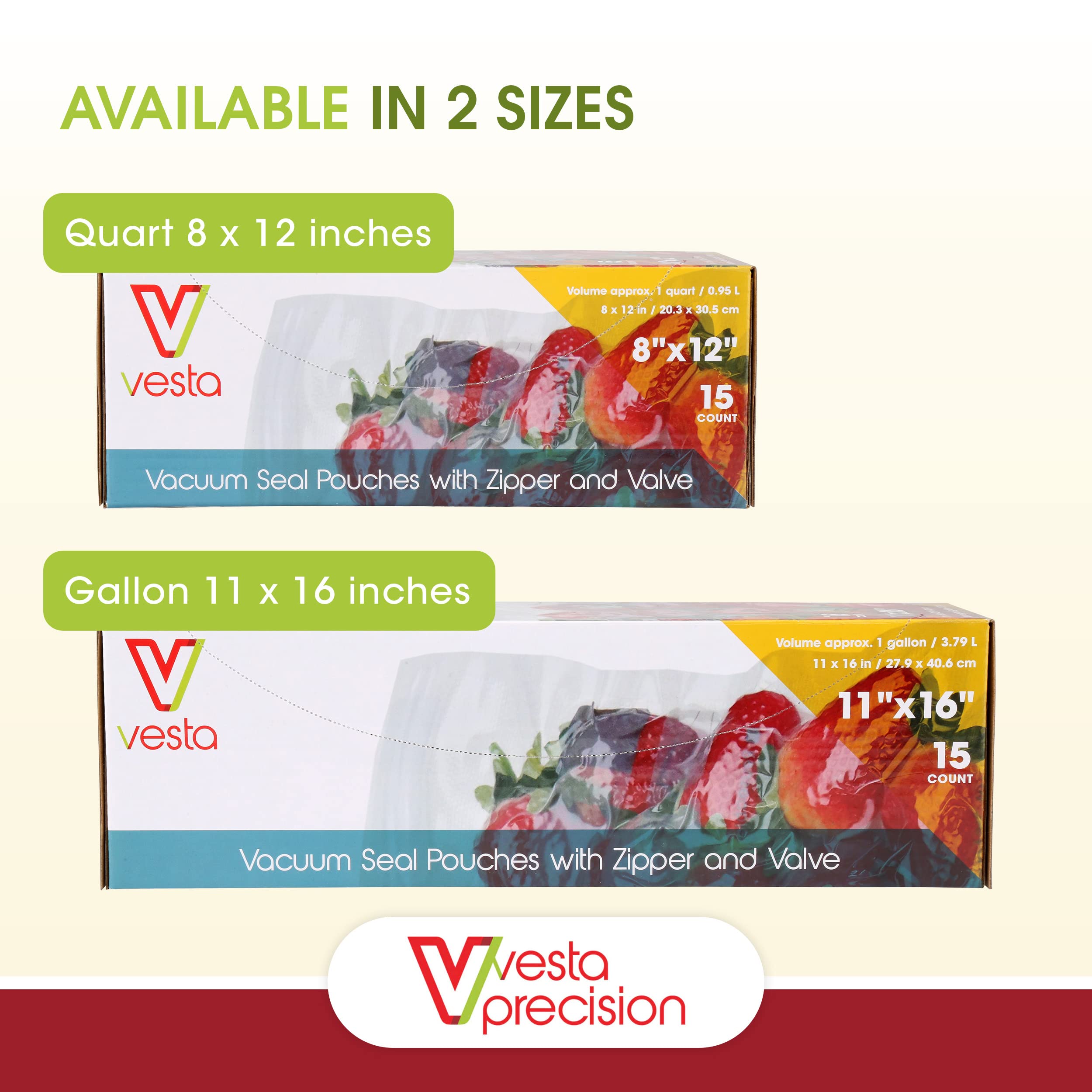 Vesta Precision Vacuum Seal Pouches - Clear and Embossed Vacuum Sealer Bags with Zipper and Valve - Great for Food Storage and Sous Vide - 11 x 16 inches - 15 Vacuum Seal Bags Per Box