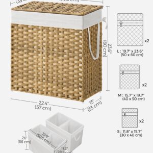 SONGMICS Laundry Hamper with Lid, 110L Clothes Hamper with 2 Removable Liner Bags, 6 Mesh Bags, Wicker Laundry Basket, Double Laundry Hamper for Bathroom, 13 x 22.4 x 23.6 Inches, Natural ULCB52NL