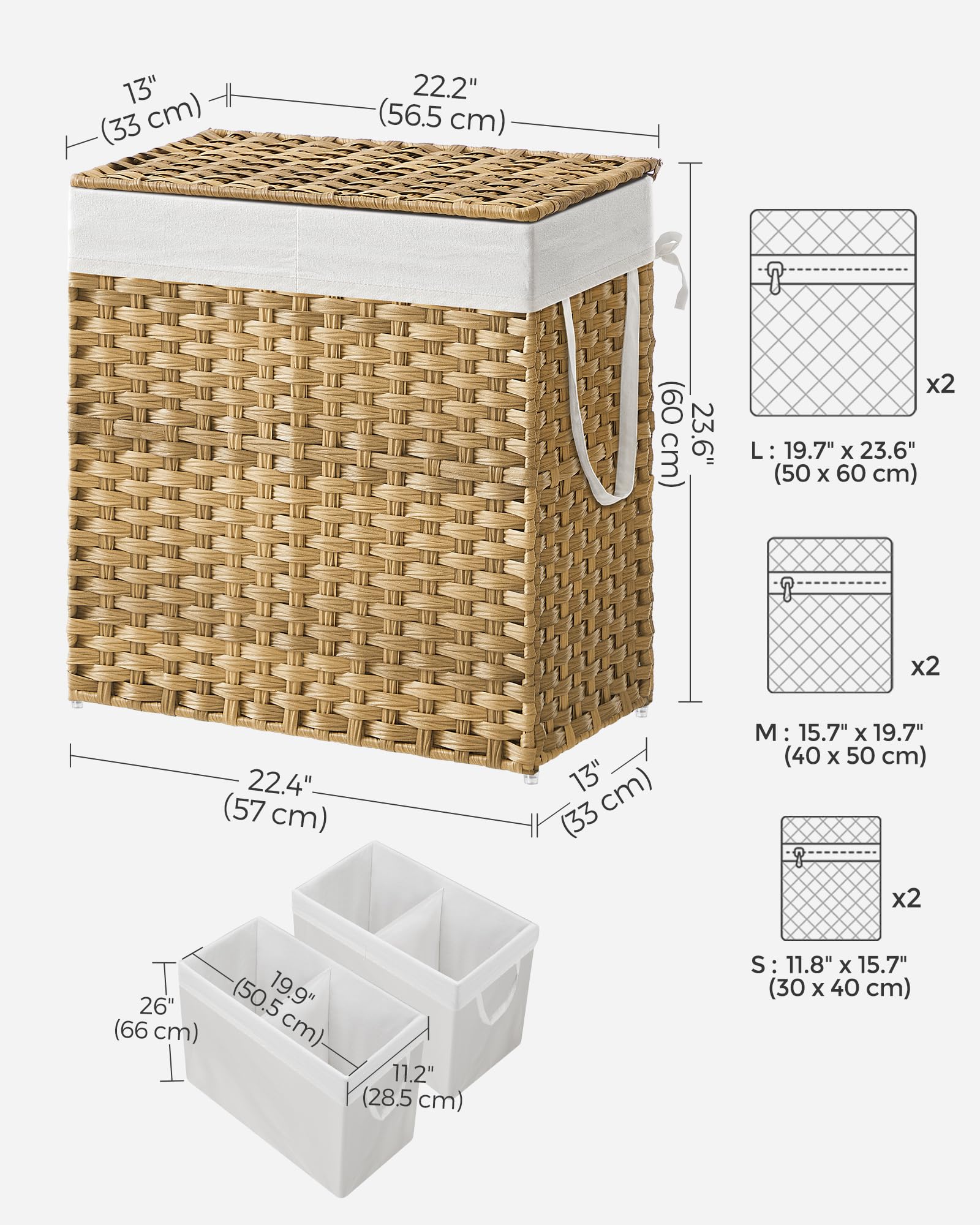 SONGMICS Laundry Hamper with Lid, 110L Clothes Hamper with 2 Removable Liner Bags, 6 Mesh Bags, Wicker Laundry Basket, Double Laundry Hamper for Bathroom, 13 x 22.4 x 23.6 Inches, Natural ULCB52NL