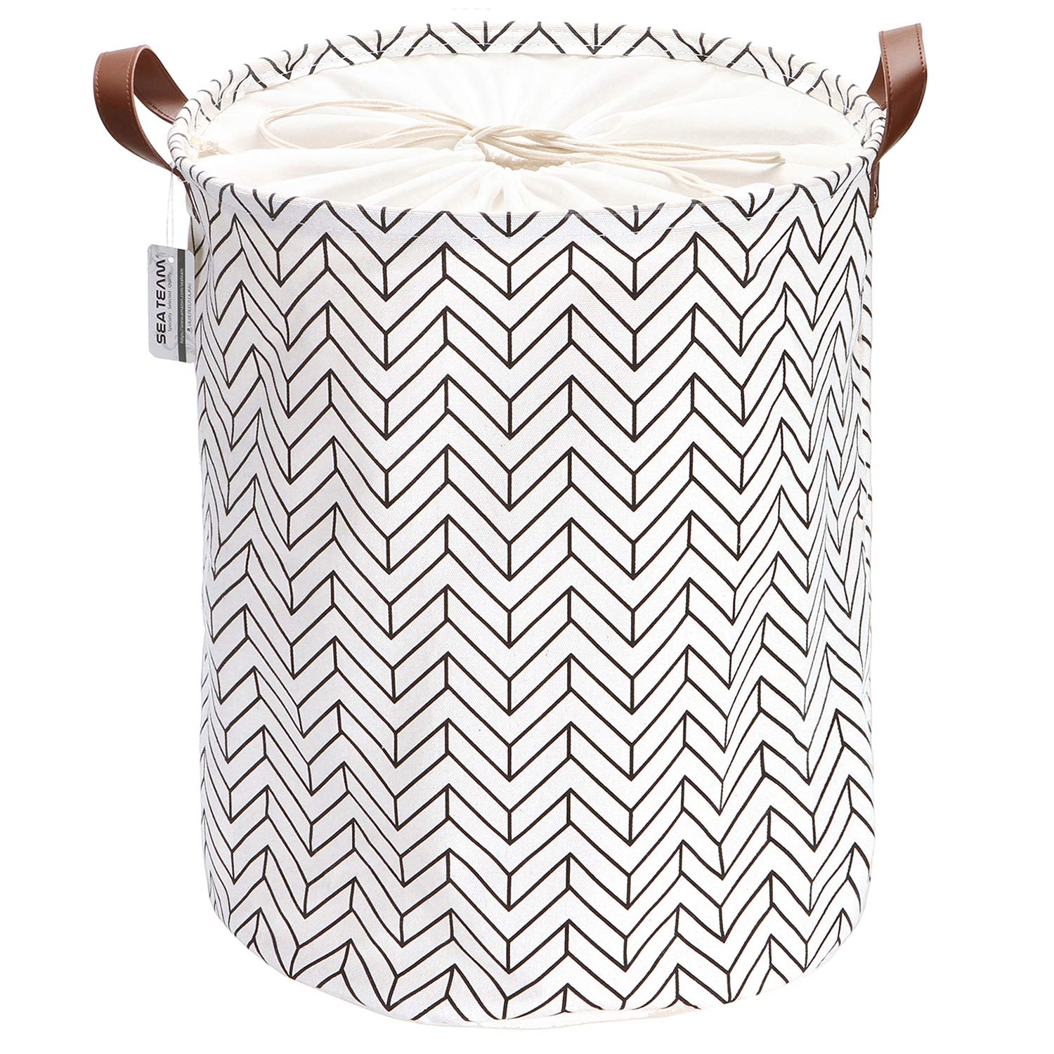 Sea Team Arrowhead Pattern Laundry Hamper Canvas Fabric Laundry Basket Collapsible Storage Bin with PU Leather Handles and Drawstring Closure, 19.7 by 15.7 inches, Waterproof Inner, Black