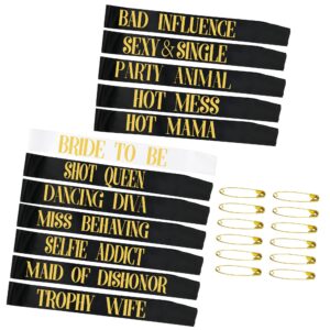 snsowed 12 pack- bachelorette party bride to be sash- unique bride bridesmaid sashes for bachelorette party (black, rose gold letters)