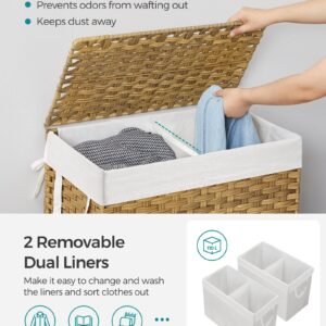 SONGMICS Laundry Hamper with Lid, 110L Clothes Hamper with 2 Removable Liner Bags, 6 Mesh Bags, Wicker Laundry Basket, Double Laundry Hamper for Bathroom, 13 x 22.4 x 23.6 Inches, Natural ULCB52NL