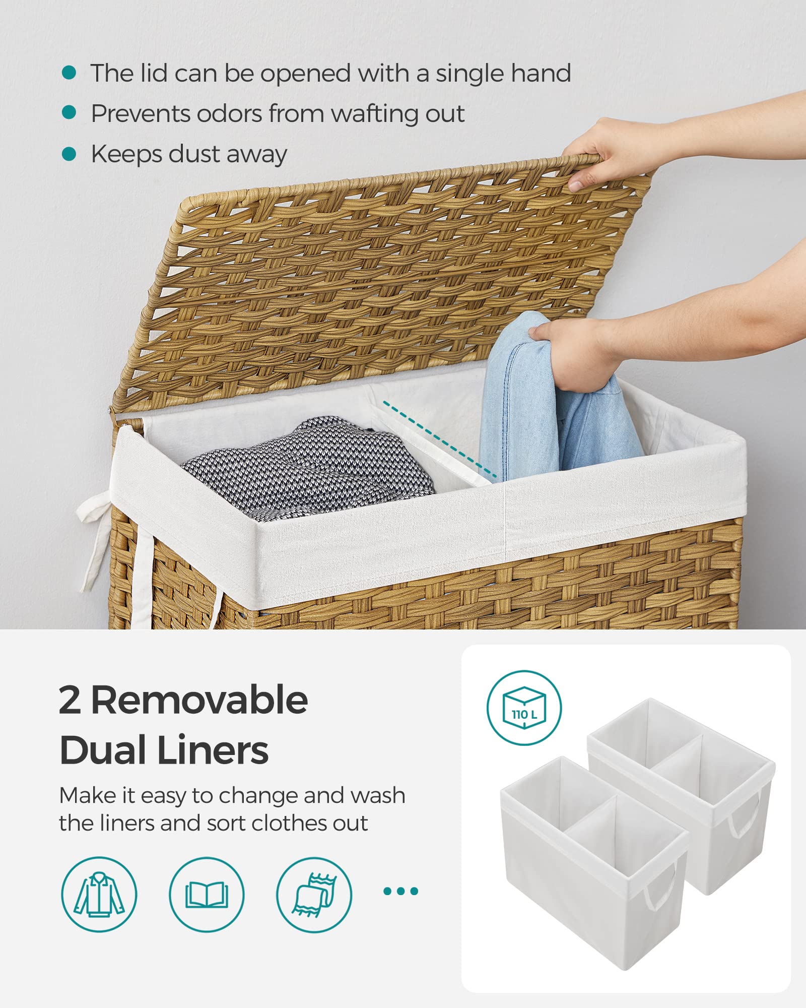 SONGMICS Laundry Hamper with Lid, 110L Clothes Hamper with 2 Removable Liner Bags, 6 Mesh Bags, Wicker Laundry Basket, Double Laundry Hamper for Bathroom, 13 x 22.4 x 23.6 Inches, Natural ULCB52NL