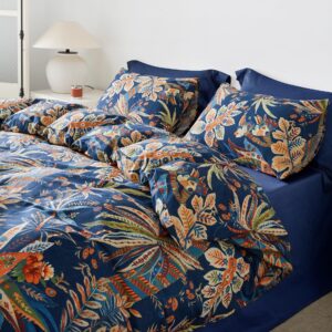 SUSYBAO Aquatic Plant Pattern Duvet Cover King 100% Egyptian Cotton Colorful Botanical Duvet Cover 3 Pcs Set 1 Tropical Leaves Duvet Cover with Zipper Ties 2 Pillowcases Ultra Soft Botanical Bedding