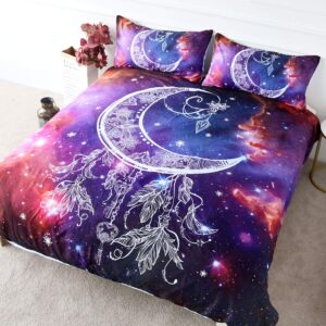 blessliving star galaxy bedding crescent moon duvet cover purple pink bedding 3 pieces feather design quilt cover space comforter cover set (full)