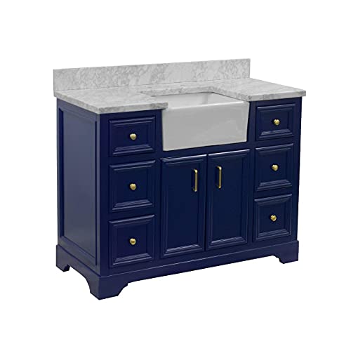 Kitchen Bath Collection Zelda 48-inch Farmhouse Vanity (Carrara/Royal Blue): Includes Royal Blue Cabinet with Authentic Italian Carrara Marble Countertop and White Ceramic Farmhouse Apron Sink