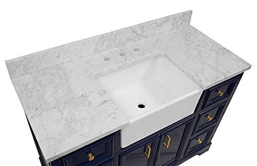 Kitchen Bath Collection Zelda 48-inch Farmhouse Vanity (Carrara/Royal Blue): Includes Royal Blue Cabinet with Authentic Italian Carrara Marble Countertop and White Ceramic Farmhouse Apron Sink