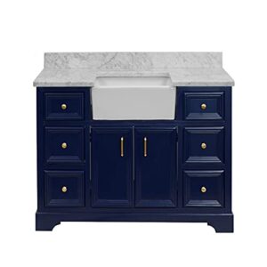 Kitchen Bath Collection Zelda 48-inch Farmhouse Vanity (Carrara/Royal Blue): Includes Royal Blue Cabinet with Authentic Italian Carrara Marble Countertop and White Ceramic Farmhouse Apron Sink