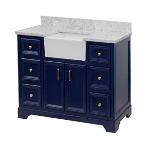 Kitchen Bath Collection Zelda 48-inch Farmhouse Vanity (Carrara/Royal Blue): Includes Royal Blue Cabinet with Authentic Italian Carrara Marble Countertop and White Ceramic Farmhouse Apron Sink