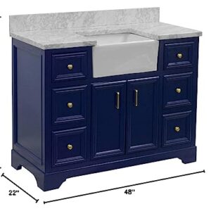 Kitchen Bath Collection Zelda 48-inch Farmhouse Vanity (Carrara/Royal Blue): Includes Royal Blue Cabinet with Authentic Italian Carrara Marble Countertop and White Ceramic Farmhouse Apron Sink