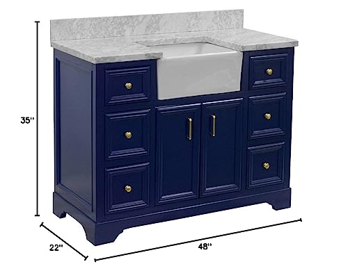 Kitchen Bath Collection Zelda 48-inch Farmhouse Vanity (Carrara/Royal Blue): Includes Royal Blue Cabinet with Authentic Italian Carrara Marble Countertop and White Ceramic Farmhouse Apron Sink