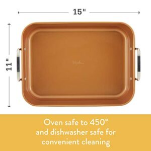 Ayesha Curry Nonstick Roaster / Roasting Pan with Rack - 11 Inch x 15 Inch, Brown