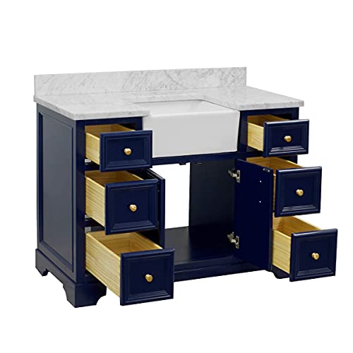 Kitchen Bath Collection Zelda 48-inch Farmhouse Vanity (Carrara/Royal Blue): Includes Royal Blue Cabinet with Authentic Italian Carrara Marble Countertop and White Ceramic Farmhouse Apron Sink