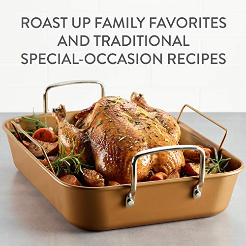 Ayesha Curry Nonstick Roaster / Roasting Pan with Rack - 11 Inch x 15 Inch, Brown