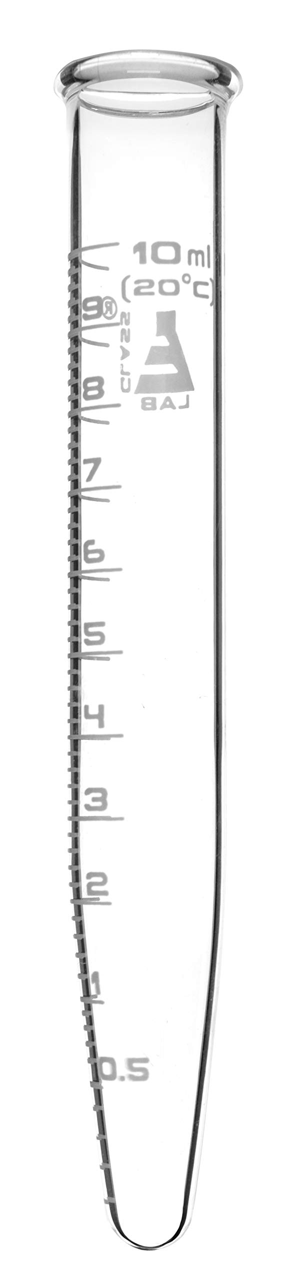 EISCO Graduated Centrifuge Tube, 10ml - Borosilicate 3.3 Glass, Conical Shape - 0.2ml White Graduations