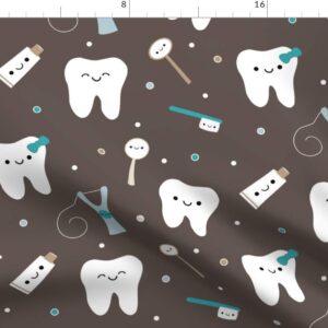 Spoonflower Fabric - Happy Teeth Large Brown Teal Dental Dentist Tooth Toothpaste Printed on Petal Signature Cotton Fabric by The Yard - Sewing Quilting Apparel Crafts Decor