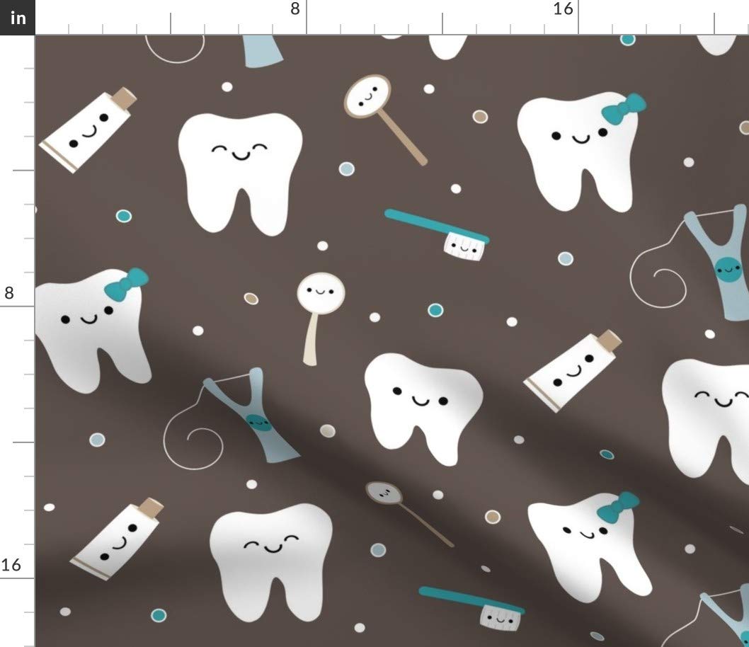 Spoonflower Fabric - Happy Teeth Large Brown Teal Dental Dentist Tooth Toothpaste Printed on Petal Signature Cotton Fabric by The Yard - Sewing Quilting Apparel Crafts Decor