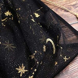 2 Colors Ivory and Black Tulle 3D Embroidery Mesh Lace Fabric Gold Star Gauze Fabric Wedding Fabric 51 Inches Width Sale by Yard (Black)