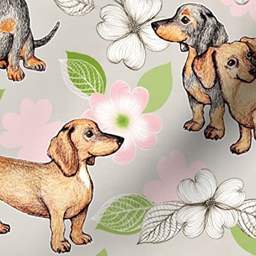 Spoonflower Fabric - Dachshunds Dogwood Blossoms Pink Large Dachshund Dogs Cute Gray Year Printed on Petal Signature Cotton Fabric by The Yard - Sewing Quilting Apparel Crafts Decor