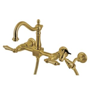 kingston brass ks1267albs heritage 8-inch centerset wall mount kitchen faucet with brass sprayer, brushed brass