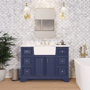 kitchen bath collection zelda 48-inch farmhouse vanity (carrara/royal blue): includes royal blue cabinet with authentic italian carrara marble countertop and white ceramic farmhouse apron sink