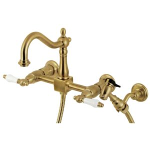 kingston brass ks1267plbs heritage 8-inch centerset wall mount kitchen faucet with brass sprayer, brushed brass