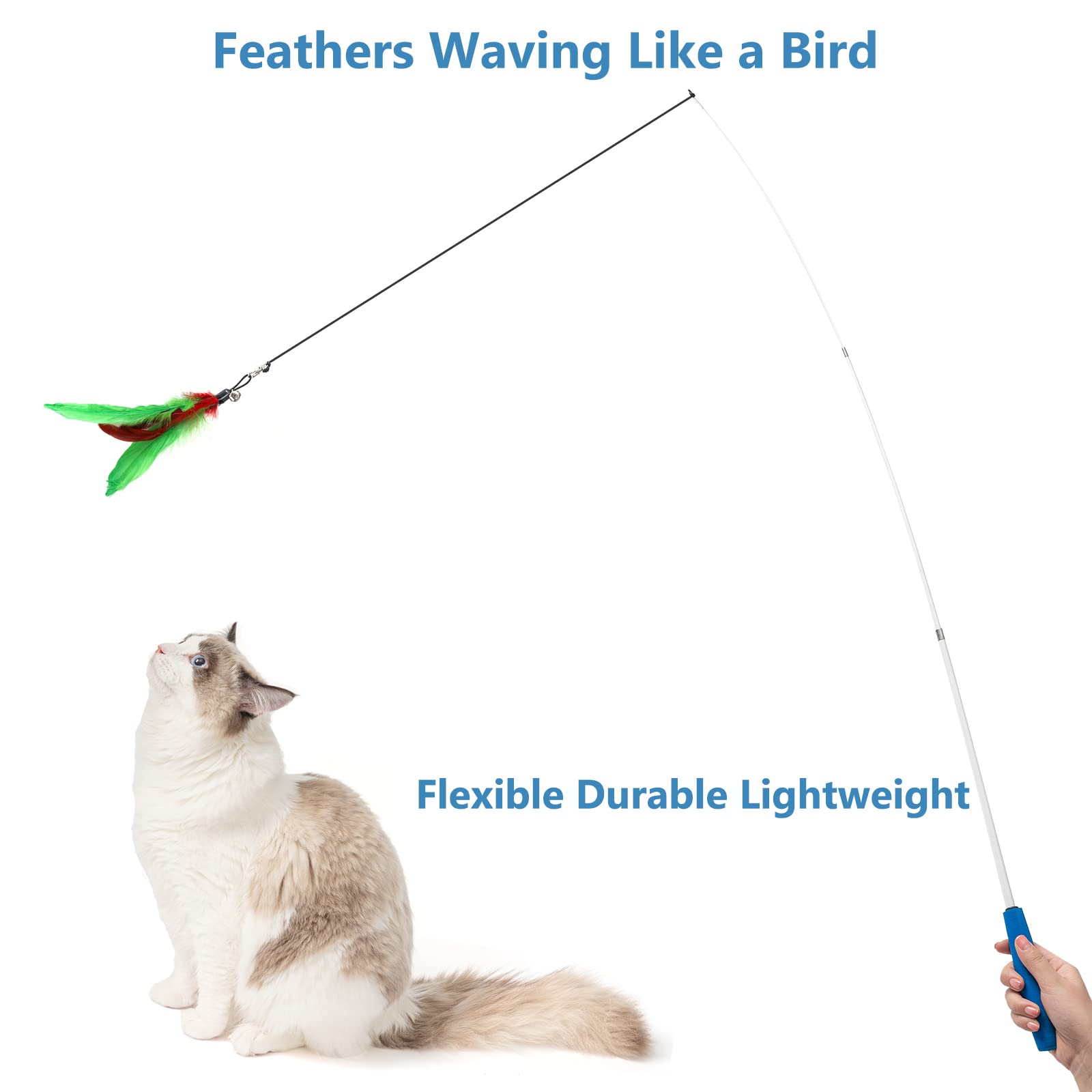 Cat Toys Feathers Wand, Interactive Cat Toy Kitten Toys 2 Retractable Cat Wand Toy and 7 Feather Teaser Refills with bells, Telescopic Cat Fishing Pole Toy for Indoor Bored Cats Gifts Exercise Pack