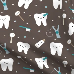 Spoonflower Fabric - Happy Teeth Large Brown Teal Dental Dentist Tooth Toothpaste Printed on Petal Signature Cotton Fabric by The Yard - Sewing Quilting Apparel Crafts Decor