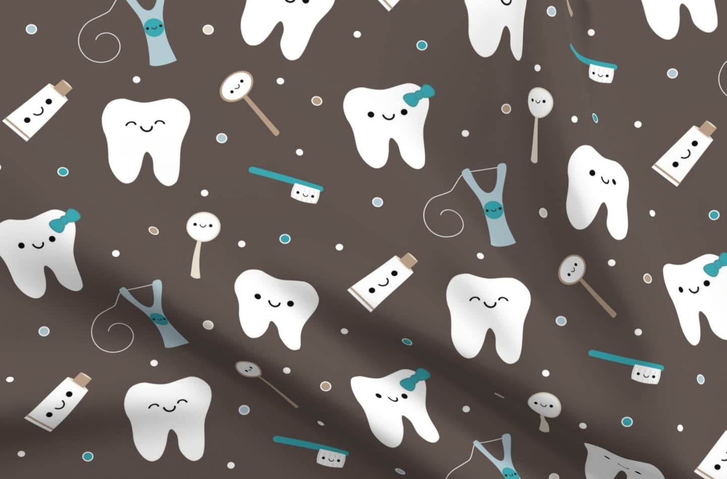 Spoonflower Fabric - Happy Teeth Large Brown Teal Dental Dentist Tooth Toothpaste Printed on Petal Signature Cotton Fabric by The Yard - Sewing Quilting Apparel Crafts Decor