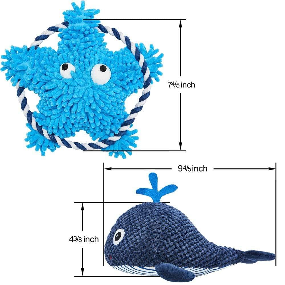 Blueberry Pet Pack of 2 Squeaky Plush Dog Toy Durable Interactive Tugging Chew Rope Toy for Puppies and Small Dogs, 7 4/5" Sea-Star + 4 3/8" Whale