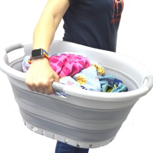 SAMMART 36L (9.5 gallon) Collapsible 3 Handled Plastic Laundry Basket-Foldable Pop Up Storage Container/Organizer-Space Saving Basket (3 handled Oval, Grey/Grey)